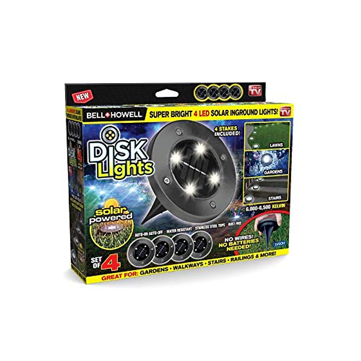 Bell+Howell Disk Lights Solar Ground Lights Gunmetal - Upgraded Wireless Auto On/Off Solar Garden Outdoor Waterproof Lighting with 4 LED Bulbs for Lawn, Patio, Garden, Yard,Pack of 4, As Seen On TV