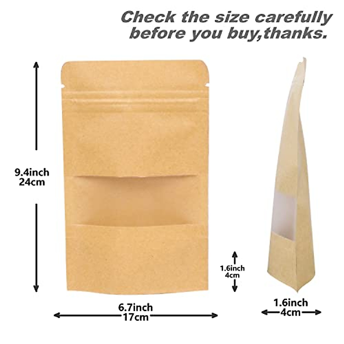BAAGGNAA 150 Pack Ziplock Stand up Kraft Paper Bags Pouches with Front Matte Window for Food Storage Resealable Packaging Containers Household Reusable Organizer (6.7*9.4 Inch)