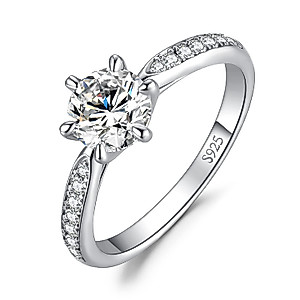 JewelryPalace Classic 6.5mm 1ct Moissanite Solitaire Engagement Rings for Women, 925 Sterling Silver Promise Ring for Her, Round Cut Simulated Diamond Anniversary Wedding Rings D-E Size 6
