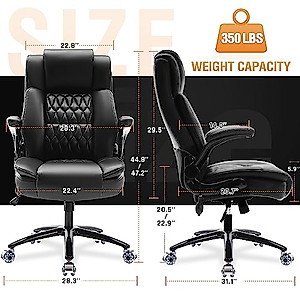 Large High Back Office Chair - Adjustable Lumbar Support Flip Up Arms Heavy Duty Quiet Wheels Metal Base Breathable Bonded Leather Ergonomic Executive Computer Desk Chair with Storage Bags, Black