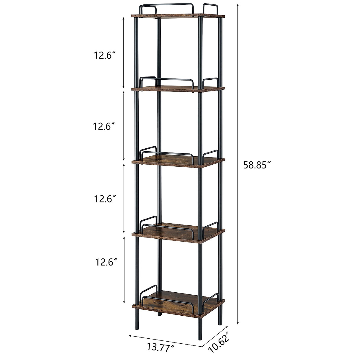 Gewudraw 5-Tier Tall Bookshelf, Narrow Bookcase with guardrail, Freestanding Storage Stand Display Rack for Living Room, Bedroom, Home Office, 11 x 14 x 59 Inches, Rustic Brown and Black