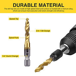 Drill Tap Bit Set, 3 in 1 Thread Tapping Drill Bit with Box, Hex Shank High Speed Steel Twist Drill Tapping Tool with Quick Change Adaptor, 13pcs