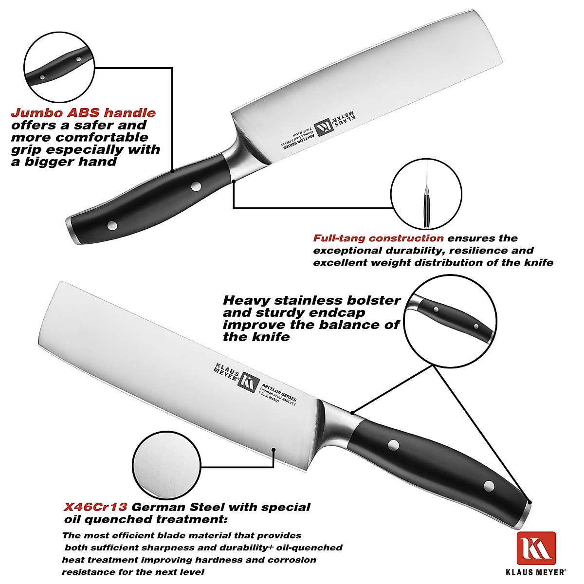 Klaus Meyer Arcelor 7 inch Nakiri Knife, Vegetable Cleaver with ABS Ergonomic Handle, Exclusive German Steel Kitchen Knife