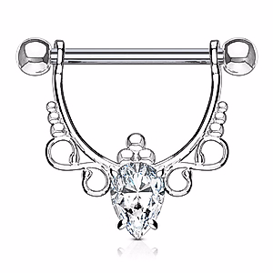 WILDKLASS Pear CZ Center with Infinite Filigree Dangle 316L Surgical Steel Nipple Rings (Clear)