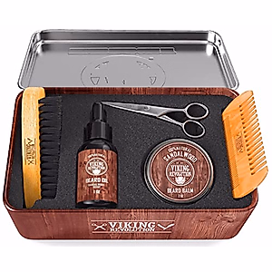 Viking Revolution Beard Grooming Kit for Men - Ultimate Beard Kit - Boar Beard Brush, Wood Beard Comb, Sandalwood Beard Balm, Sandalwood Beard Oil, Beard & Mustache Scissors