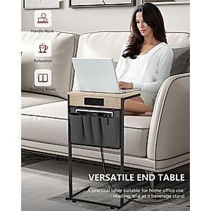 Evermagin C Shaped End Table with Charging Station, Small Side Table for Recliner, Over Couch Table with Outlet and Storage Bag, Slide Under Sofa Tray Table for Living Room, Bedroom, Greige