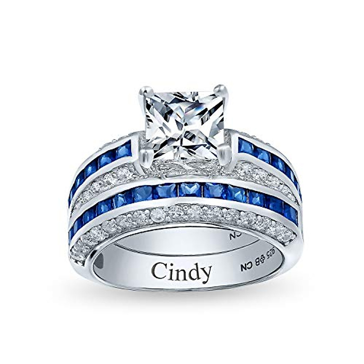 Personalize 3CT Art Deco Style Blue Square Princess Cut Solitaire Clear AAA CZ Engagement Anniversary Wedding Ring Set .925 Sterling Silver Customizable