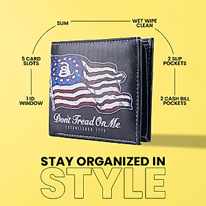 Li Bifold Wallet Handmade Vegan Leather Wallet - Don't Tread Flag Design Men Wallet Slim with top-flap 2 ID Windows, 7 cards, 2 side slots, 2 cash pockets - Timeless slim wallet with Gift Box