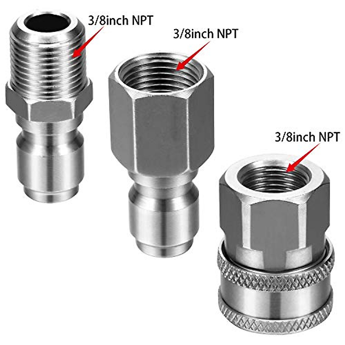 Hotop NPT 3/8 Inch Stainless Steel Male and Female Quick Connector Kit Pressure Washer Adapter Set and 2 Packs NPT 3/8 Inch Stainless Steel Quick Connector Plug Male Nipples