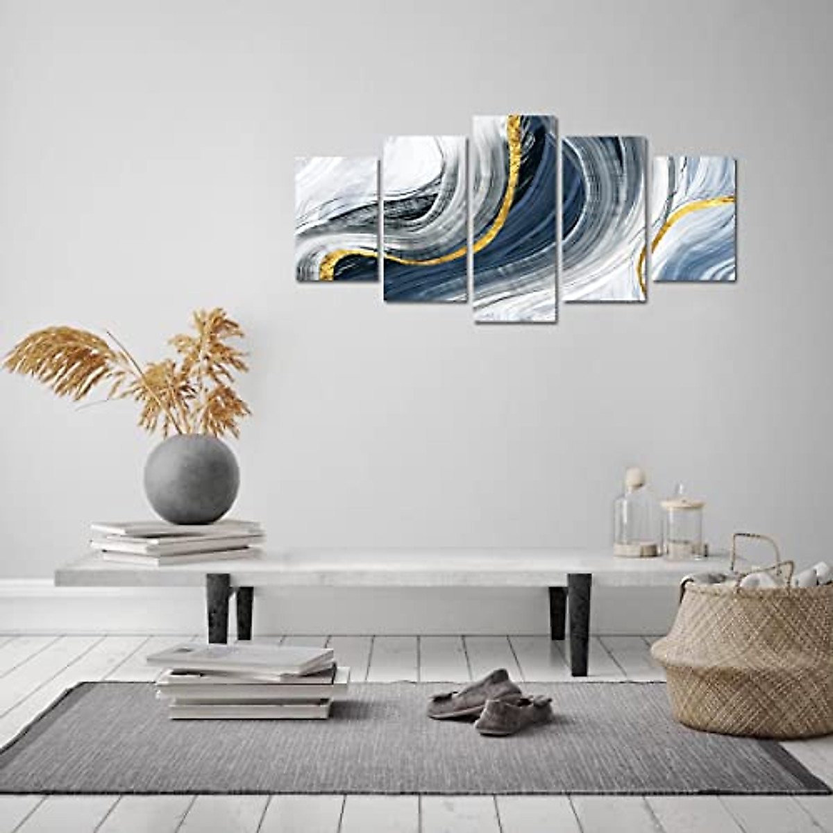HW Hongwu Wall Art Canvas Abstract Print Picture 60x30 inch Blue Graffiti Paintings Gold Foil Line Artwork 5 Panels a Set for Living Room