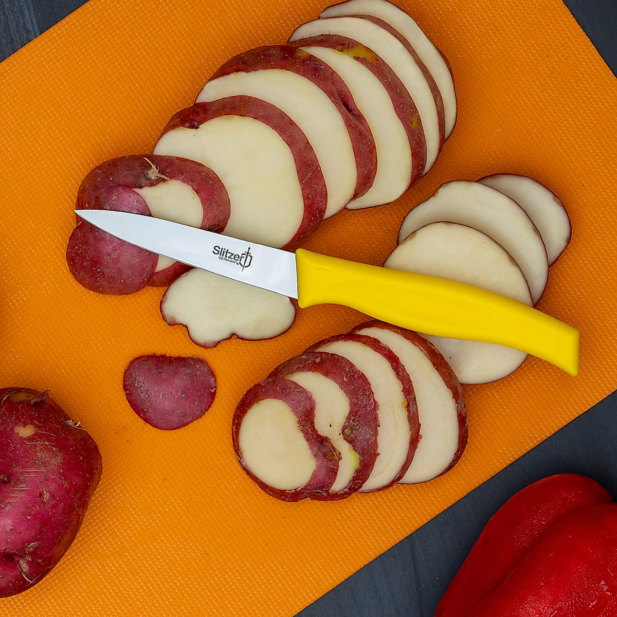 Slitzer Germany 4-Piece Paring Knife Set, 3 1/2 Inch Blade, German Stainless Steel, Colored Handles, Red, Yellow, Green, Orange