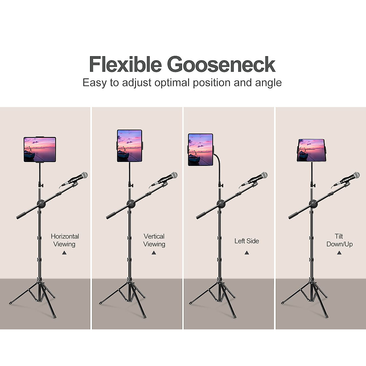 elitehood iPad Stand & Boom Mic Stand, Height Adjustable iPad Microphone Holder Stand, Tablet Microphone Tripod Stand for Singing, Compatible with iPad Pro Air Mini and 4-12.9’’ Phones & Tablets
