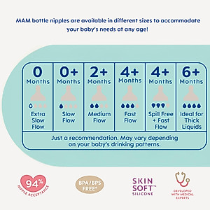 MAM Bottle Nipples Medium Flow Nipple Level 2, for 2+ Months, SkinSoft Silicone Nipples for Baby Bottles, Fits All MAM Bottles, 2 Pack