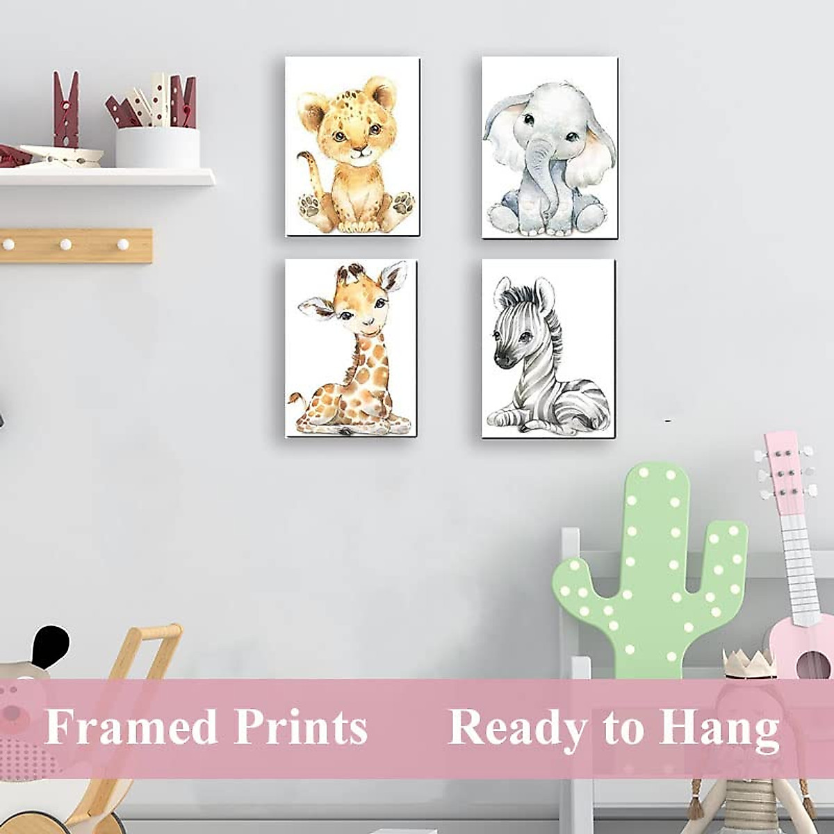 Kiddale Baby Watercolor Animals Wall Art Prints Set of 4 (8x10),Tiger Elephant Zebra Giraffe Safari Animals Pictures Nursery Decor Art,Stretched and Framed Ready to Hang