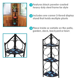Sunnydaze 44" 3-Tier Outdoor Metal Corner Folding Mosaic Plant Stand - Blue