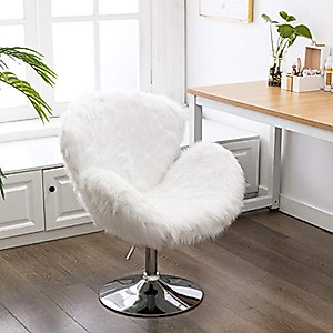 Vanity Chair for Bedroom Cute Home Office Chair Faux Fur Chairs for Teens Girls Dorm Chairs Comfy Adjustable Stool, White (Long Faux Fur)