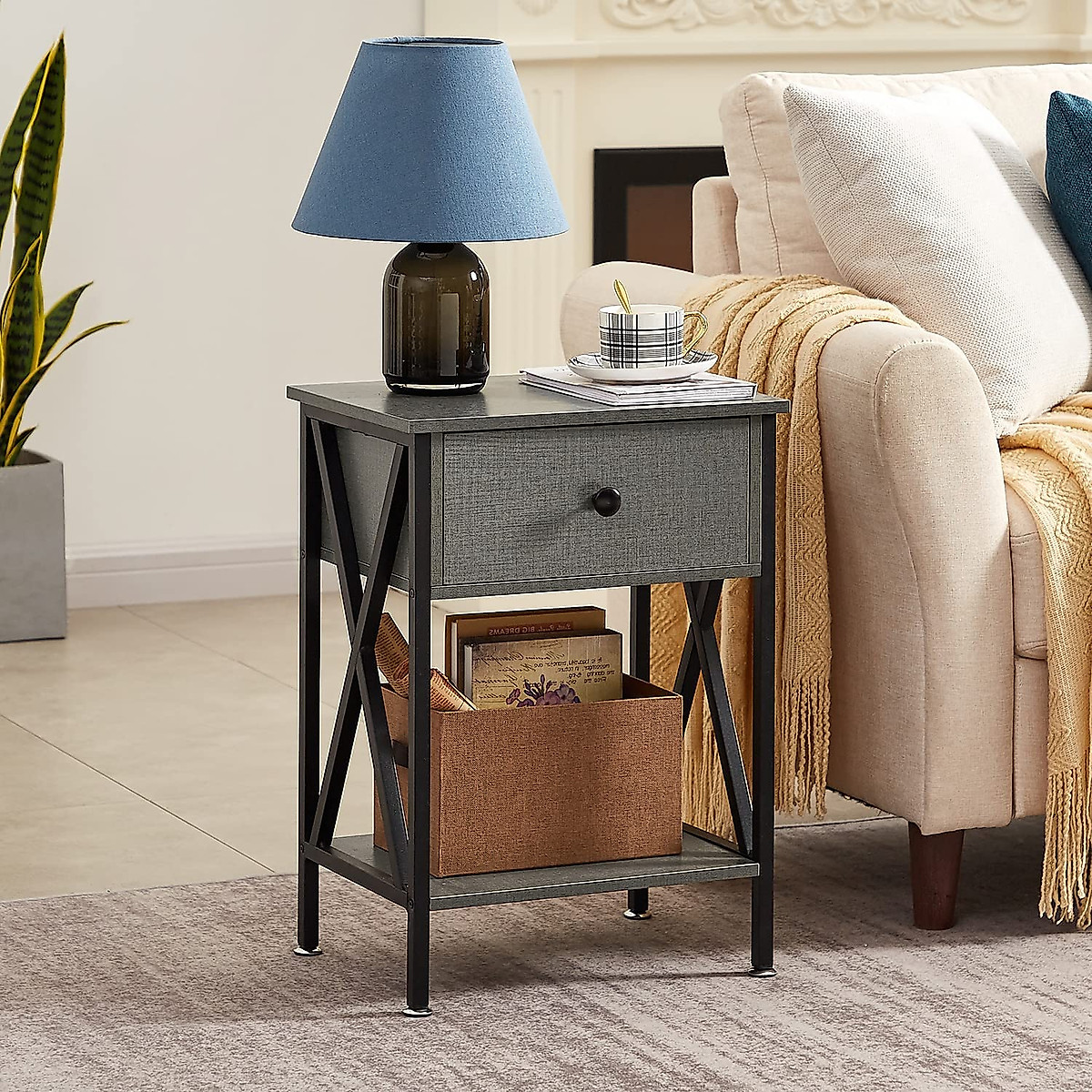 VECELO Nightstands Set of 2, Modern Bedside End Tables, Night Stands with Drawer and Storage Shelf for Living Room Bedroom, Industrial Metal Frame, Dark Gray