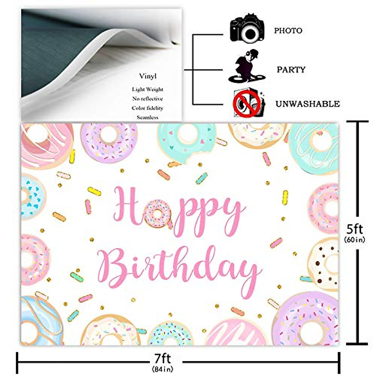 Avezano Donut Birthday Backdrop for Girls Party Decorations Sweet Donut Happy Birthday Party Banner Photography Background Donut Grow Up Bday Cake Table Photoshoot (7x5ft)