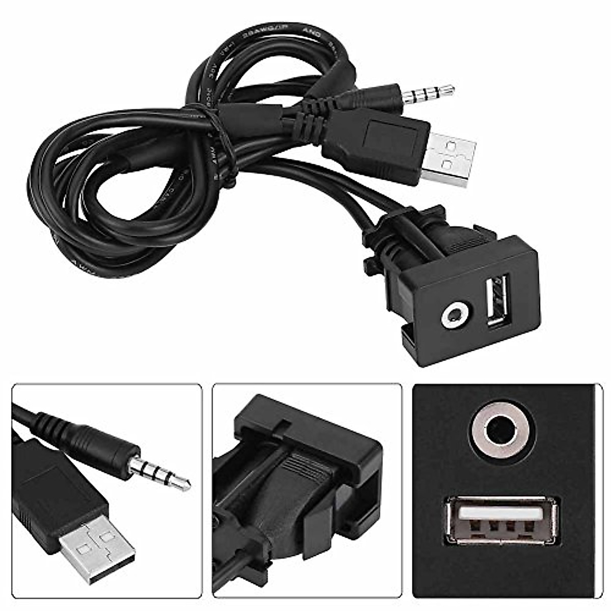 Dilwe AUX Extension Mount, Car USB Panel Flush Mount Jack Extension Cable for Car, Boat and Motorcycle