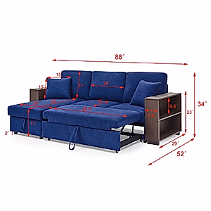 GODAFA L-Shaped 88'' Living Room Sectional Pulled Out Bed, 2 Seats Sofa and Reversible Chaise with Storage, MDF Shelf Armrest, Two Pillows, Navy Blue