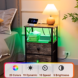 AMHANCIBLE Night Stand Set 2, LED Nightstand with Charging Station, End Tables Living Room with Fabric Drawers, Bedside Table for Bedroom, Ink Grey, HET052LKG
