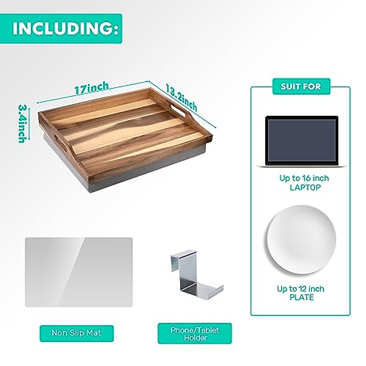 Drelifam Lap Desk with Cushion,Wooden Bed Tray Table for Eating,Lap Tray in Recliner,Breakfast Tray,TV Dinner Bed Food Trays