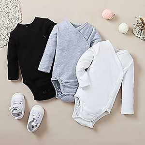 DEFAHN Baby Side Snap Kimono Bodysuit Long Sleeve with Mitten Cuffs 100% Cotton 3-Pack Unisex Onsies for Newborn Boy Girl (3Pc BK-WH-GY, Newborn)