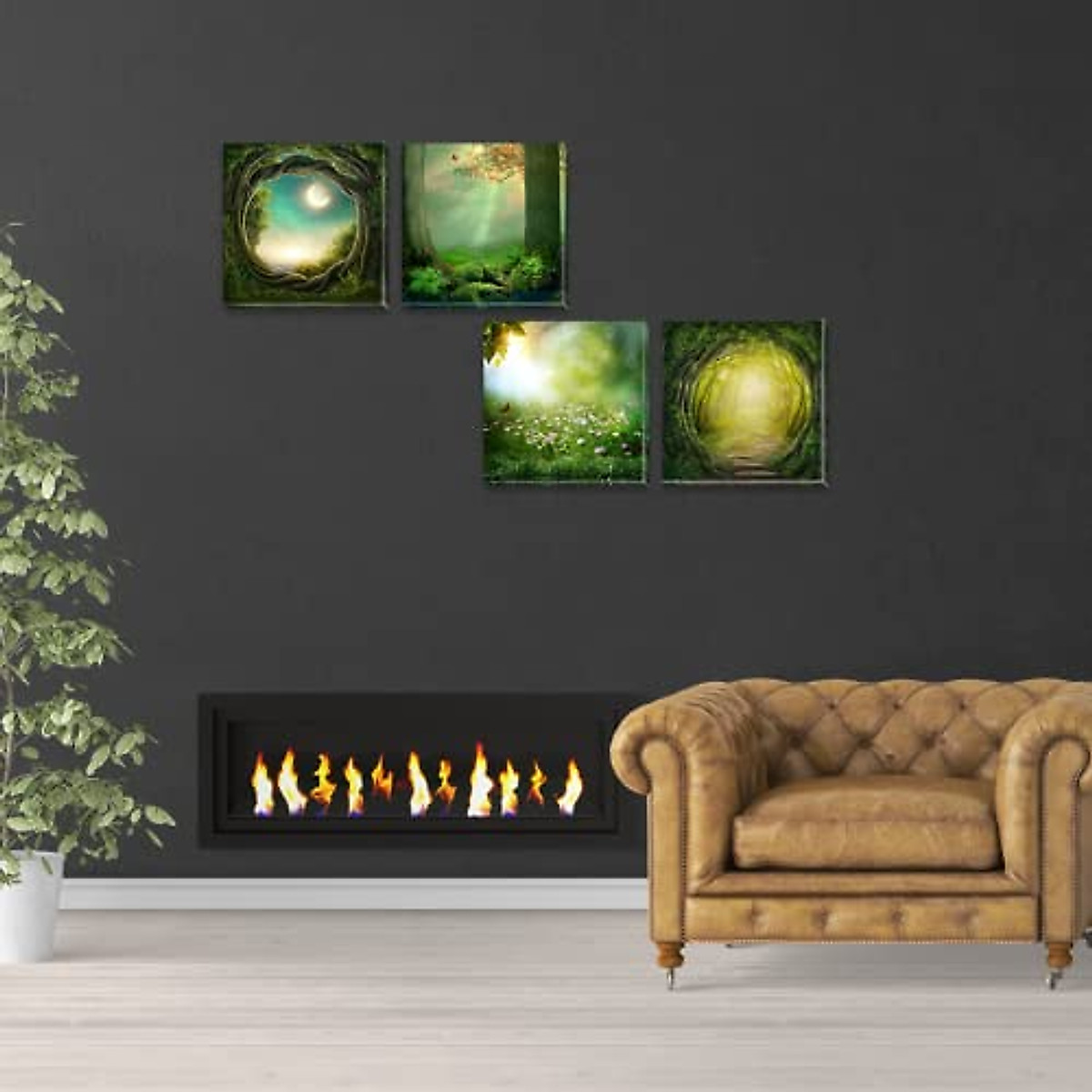 Green Forest Wall Art Prints Funny Wonderland Canvas Paintings 4 Pieces Nature Landscape Pictures Fairyland Artwork for Nursery Living Room Bathroom 12"x12"