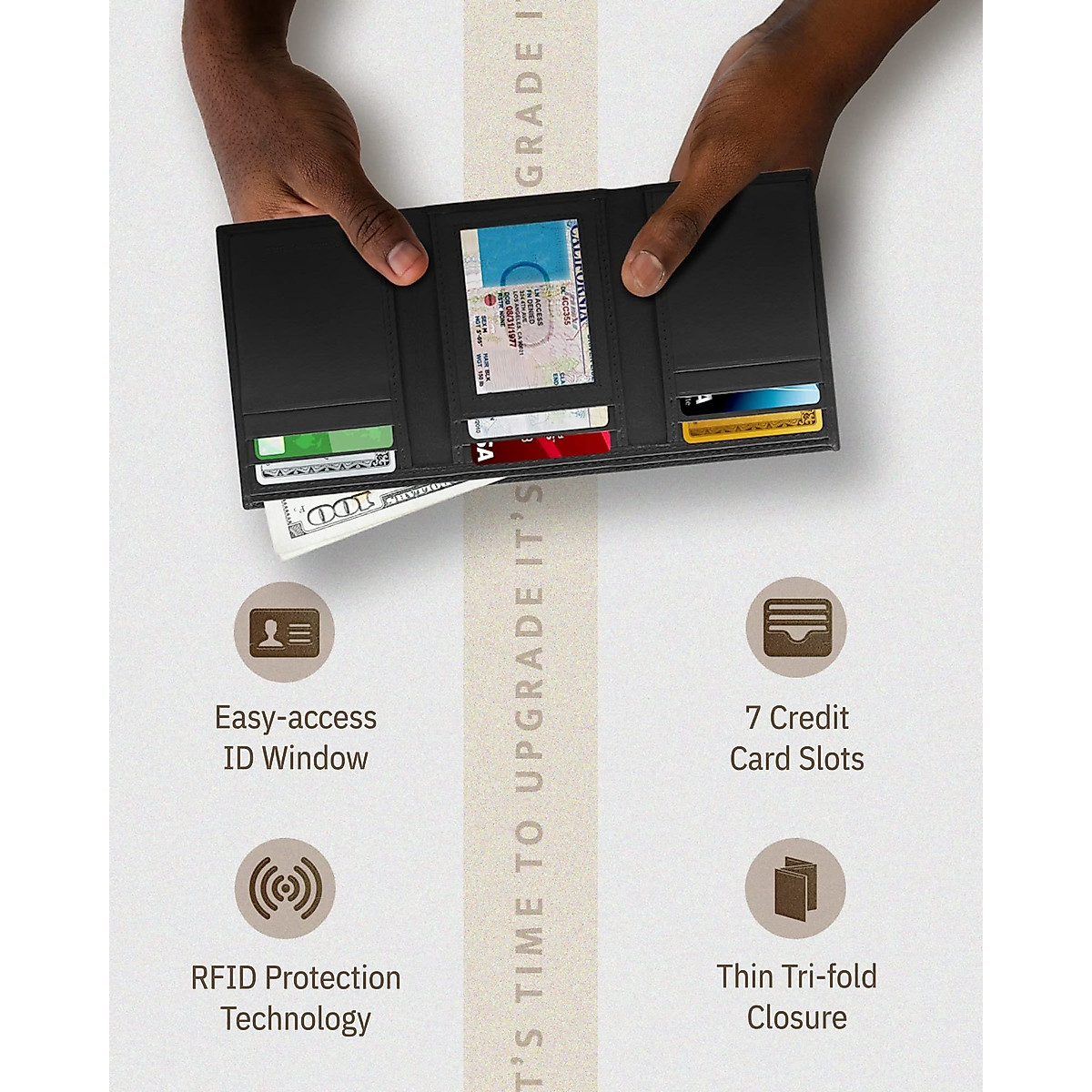 Genuine Leather Wallets For Men - Trifold Mens Wallet With ID Window RFID Blocking,Smooth Black