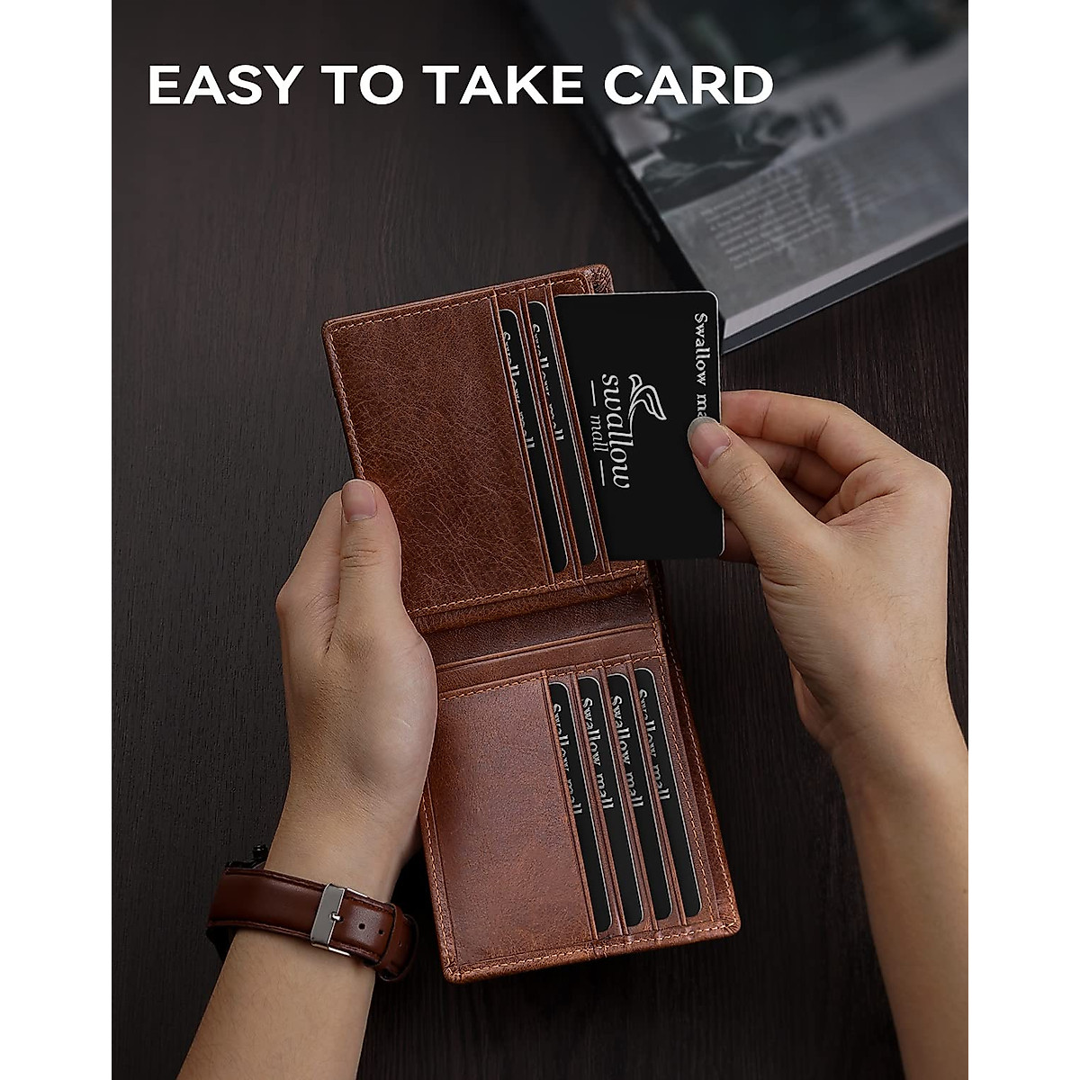 Swallowmall Mens Wallet RFID Genuine Leather Bifold Wallets For Men, ID Window 16 Card Holders Gift Box (Brown (No Zipper))