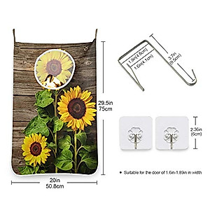 Sunflowers Wooden Board Door Hanging Laundry Hamper Bag Vintage Flowers Space Saving Wall Large Laundry Basket Storage Dirty Clothes Bags with Bottom Zippers Hooks For Bathroom Bedroom 1 Pcs