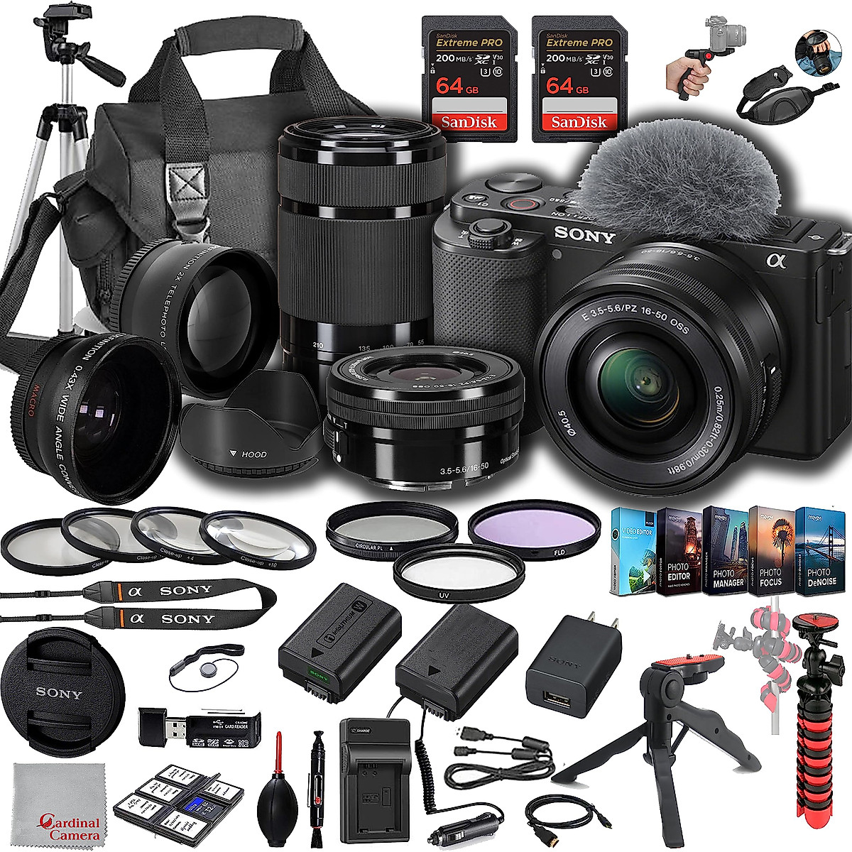 Sony ZV-E10 Mirrorless Camera with 16-50mm + 55-210mm Lenses, 128GB Exreem Speed Memory,.43 Wide Angle & 2X Lenses, Case. Tripod, Spare Battery & Charger, Software Kit -Deluxe Bundle
