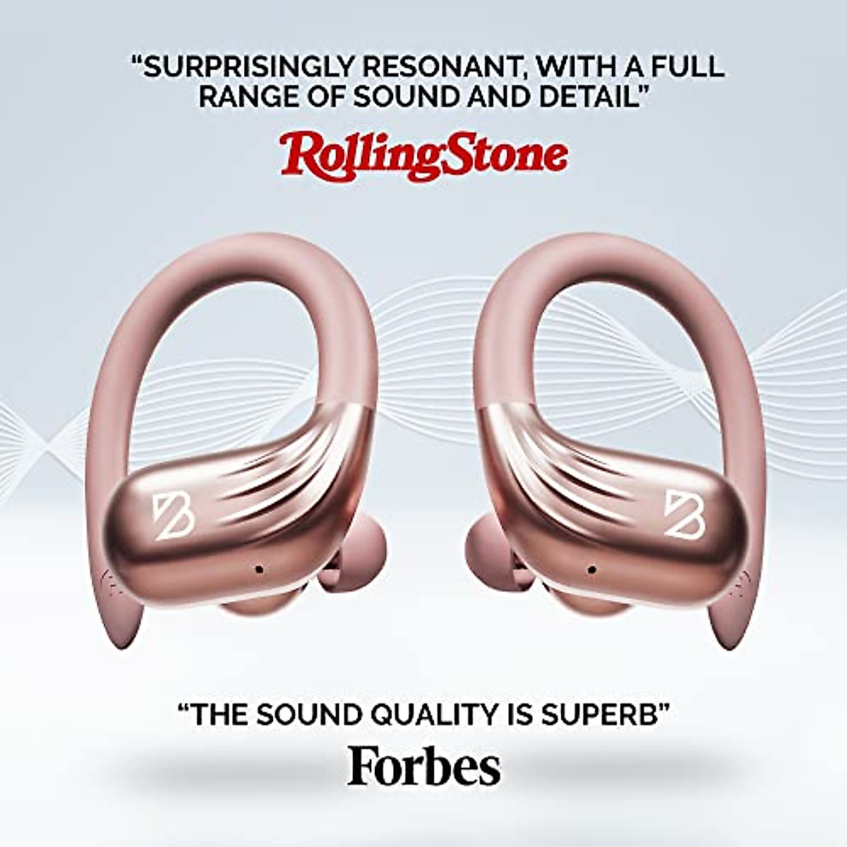 Runner 60 Wireless Rose Gold Earbuds for Running, Workout Headphones for Women, Pink Bluetooth Earphones, Over Ear Hooks, 80-Hour Long Battery, Water-Resistant Pink Earbuds Wireless Charging Case