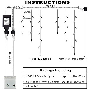 LED Icicle Lights, 640 LED Christmas Lights, 65.6ft 8 Modes Plug in Fairy String Lights with 120 Drops for Indoor Bedroom Outdoor Window, Christmas Party Decoration (Warm White)