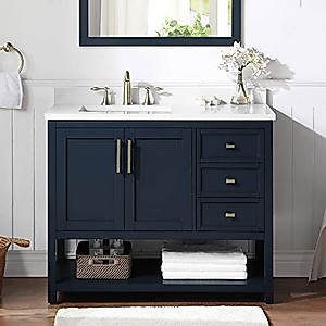 Ove Decors Stanley 42 inch Bathroom Vanity Combo Freestanding Bath Cabinet | Modern Single Sink with Cultured Marble Countertop | Backsplash Included, Midnight Blue