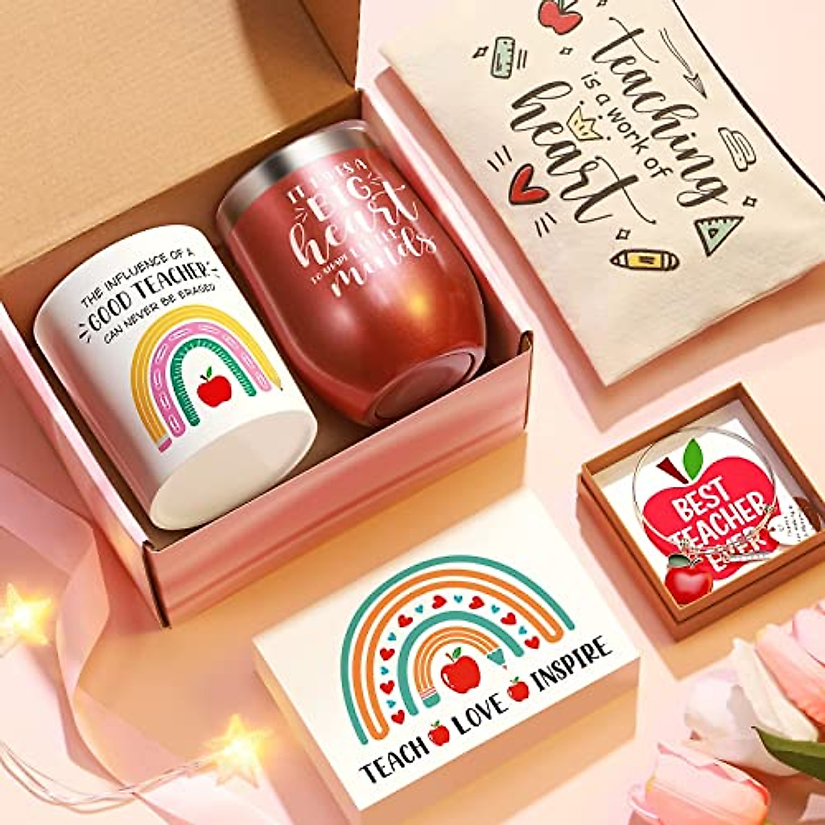 Best Teacher Gifts for Women Teacher Appreciation Gifts, End of Year Teacher Gifts from Student, Thank You Teacher Gifts Basket Daycare Teacher Gift, Funny Teacher Gift Set with Wine Tumbler Bracelet