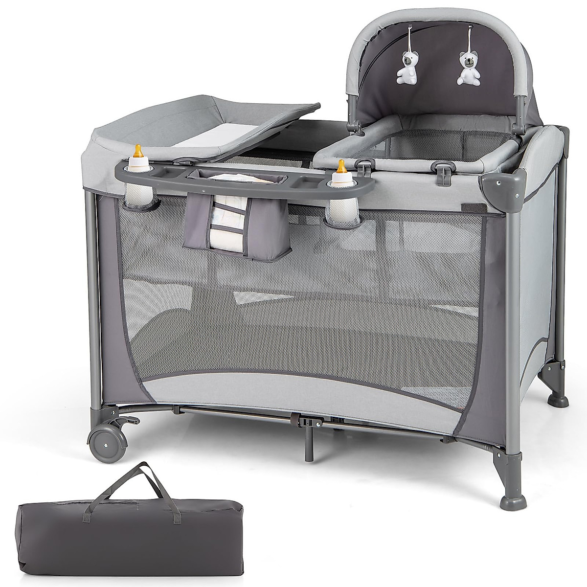 HONEY JOY Pack and Play with Bassinet, 4-in-1 Baby Playard with Changing Table & Removable Infant Full-Size Bassinet, Diaper Storage Basket & Music, Foldable Nursery Center w/Carry Bag (Gray)