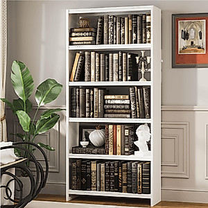 YILFANA 69'' Tall White Bookshelf, Metal Bookshelves and Bookcases, Display Bookshelf with 5 Tier Display Shelves, Large Bookshelf for Study, Library, Office, Corner