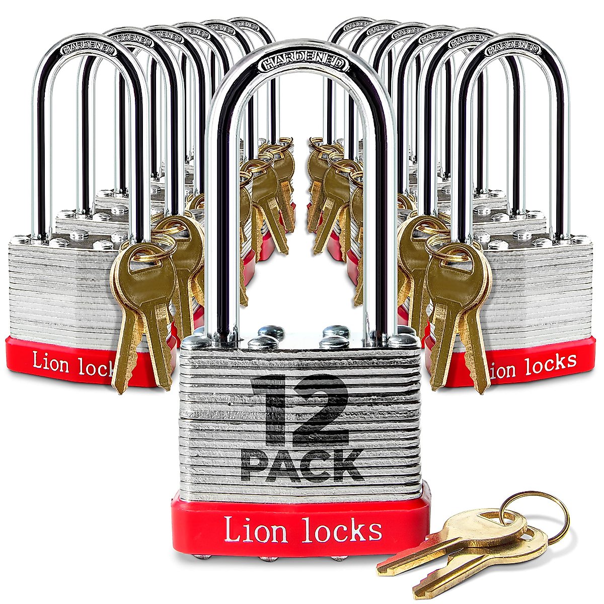 Lion Locks 12 Keyed Alike Padlocks with 2" Long Shackle, 24 Keys - Padlocks for Outdoor Use, Locks with Keys, Hardened Steel Case, Pick Resistant Brass Pin Cylinder for Hasp Latch, Locker, Gate