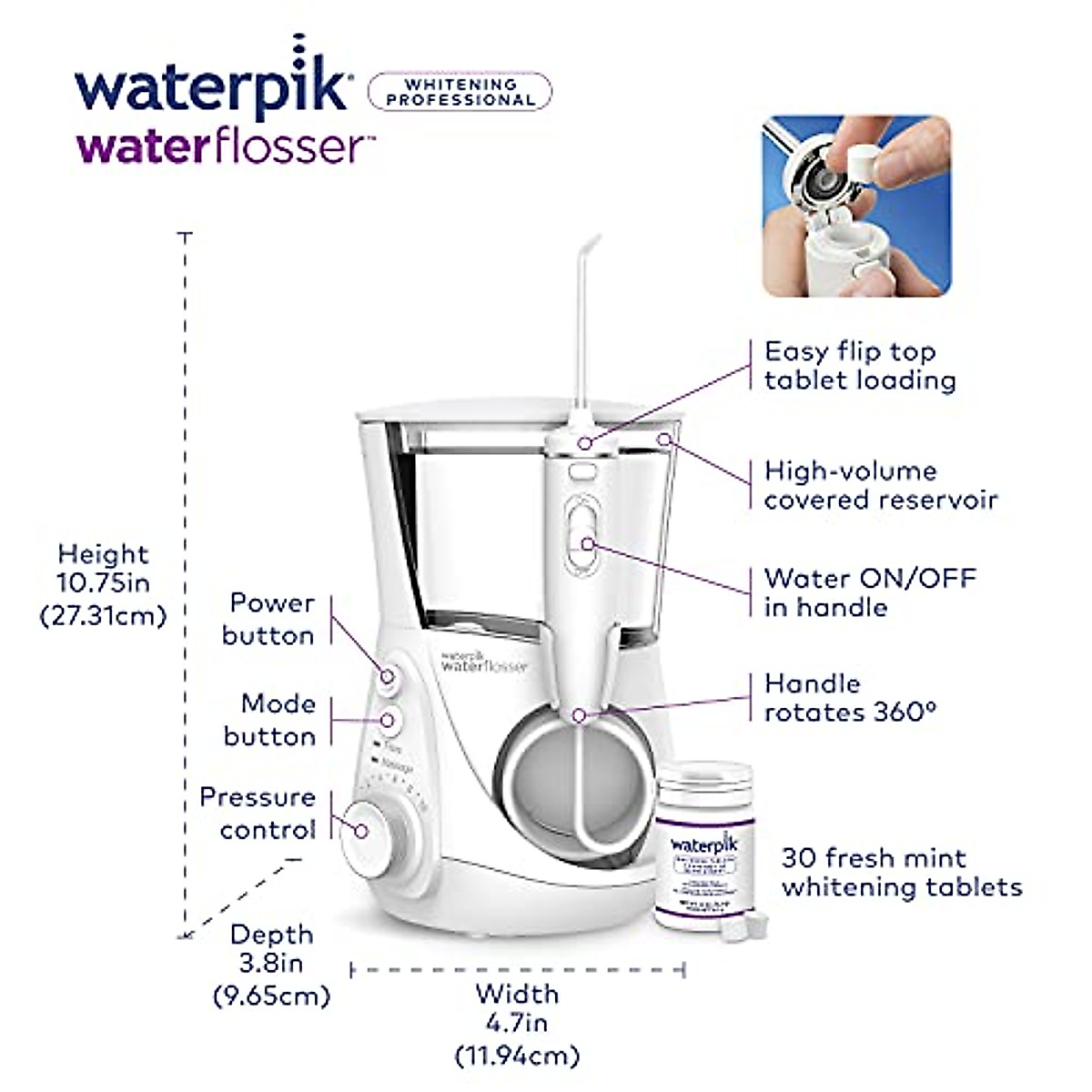 Waterpik Whitening Water Flosser, White (WF 05) Electric Oral Irrigator Flosser Whitens Teeth Gently