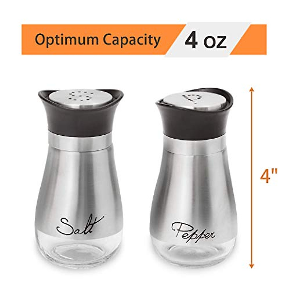 Salt and Pepper Shakers, Stainless Steel and Glass Bottle, Set of 2