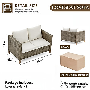 Outdoor PE Wicker Loveseat Sofa, All Weather 2 Seater Small Patio Sofa with Anti-Slip Cushions, Rattan Loveseat Couch Outdoor Furniture for Backyard,Garden,Porch, Beige