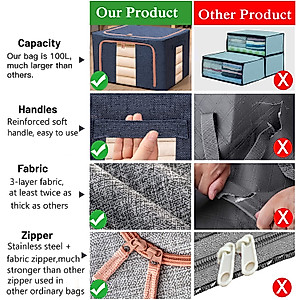 Large Capacity Clothes Storage Bags,Stackable Storage Organizer with Foldable Metal Frame, Zipper, Handles, Clear Window, Navy, 3 Pack)