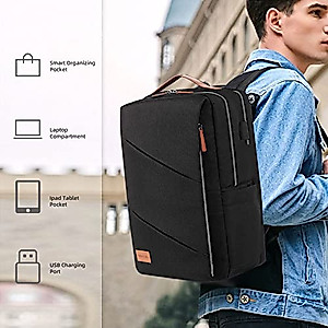 KINGSLONG 15.6 inch Laptop Backpack with USB Charging Port for Men Women, Water Resistant College Computer Bag Business Travel Daypack Carry On Smart Bag Gift Black