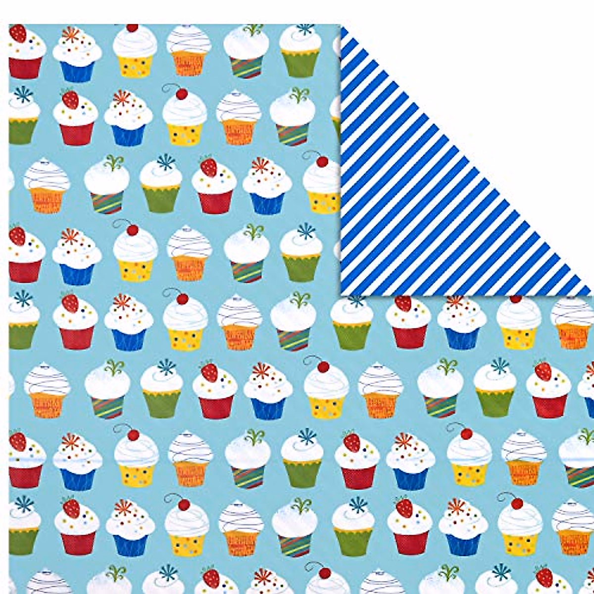Hallmark All Occasion Reversible Wrapping Paper (3 Rolls: 75 sq. ft. ttl) Colorful Balloons, Stars on Orange, Cupcakes, Blue Stripes, Solid Red for Kids Birthdays, Graduations, Celebrations