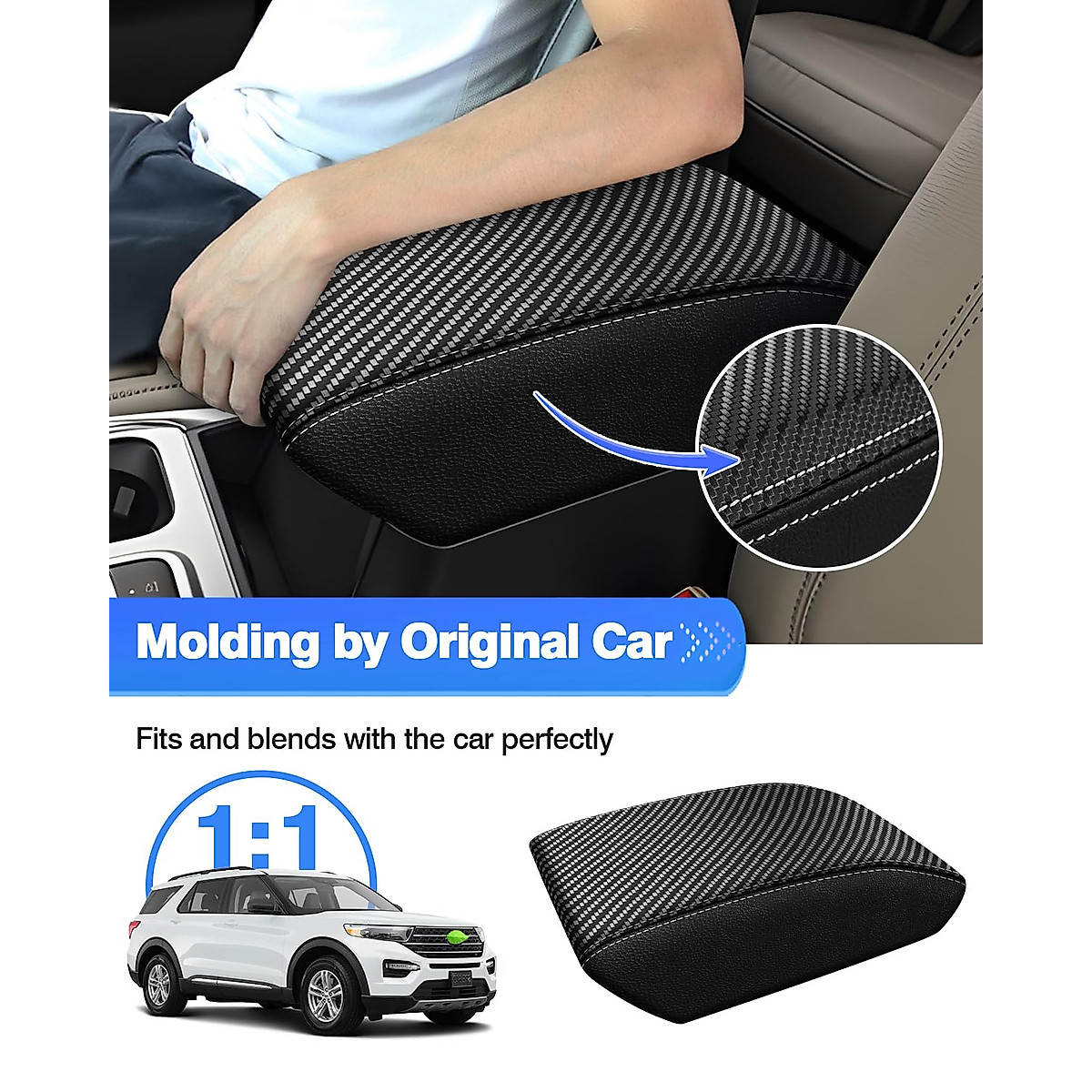 Autorder Center Console Cover for Ford Explorer 2020 2021 2022 2023 2024 Accessories Armrest Cover Carbon Fiber Anti-Scratch Middle Console Pad Leather Armrest Protector