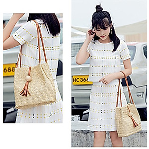 GL-Turelifes Medium Straw Bag Hand Weave Beach Handbag Summer Crossbody Shoulder Bags Bucket Tassel Totes for Women