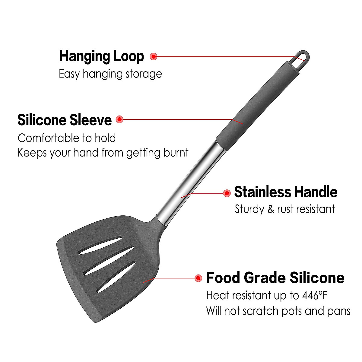 LIANYU 15-Piece Cooking Kitchen Utensils Set with Holder, Silicone Kitchen Tools Stainless Steel Handle, Slotted Spatula Spoon Turner Tong Whisk Brush for Cooking, Gray