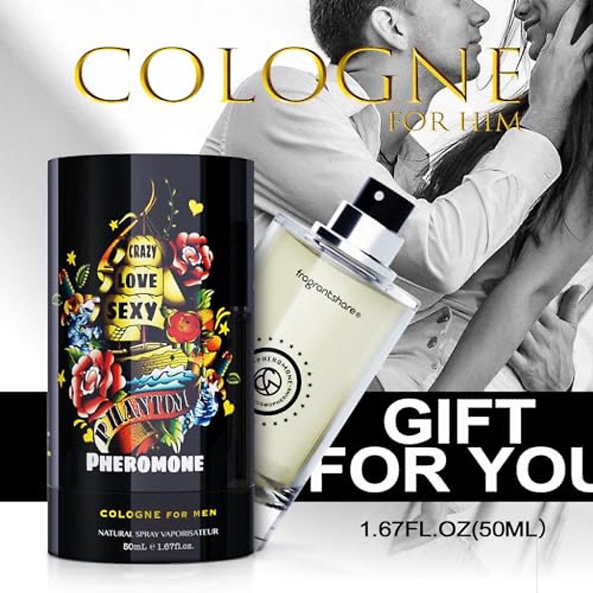 FragrantShare Cologne for Men Spray EDP Contains - pheromone Cologne for men Perfume Oil Phantom Woody Fragrance (Fougère)-1.67oz Portable -Black
