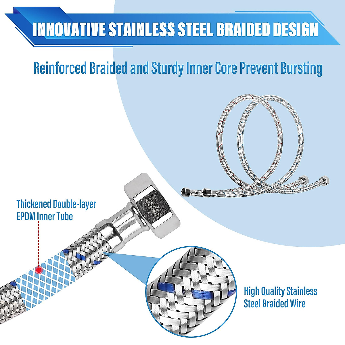 4 Pcs Faucet Hose Connectors, 3/8" Comp x 1/2" FIP Premium Braided Stainless Steel Water Supply Lines for Bathroom, Toilet and Kitchen Faucets (24 Inch)